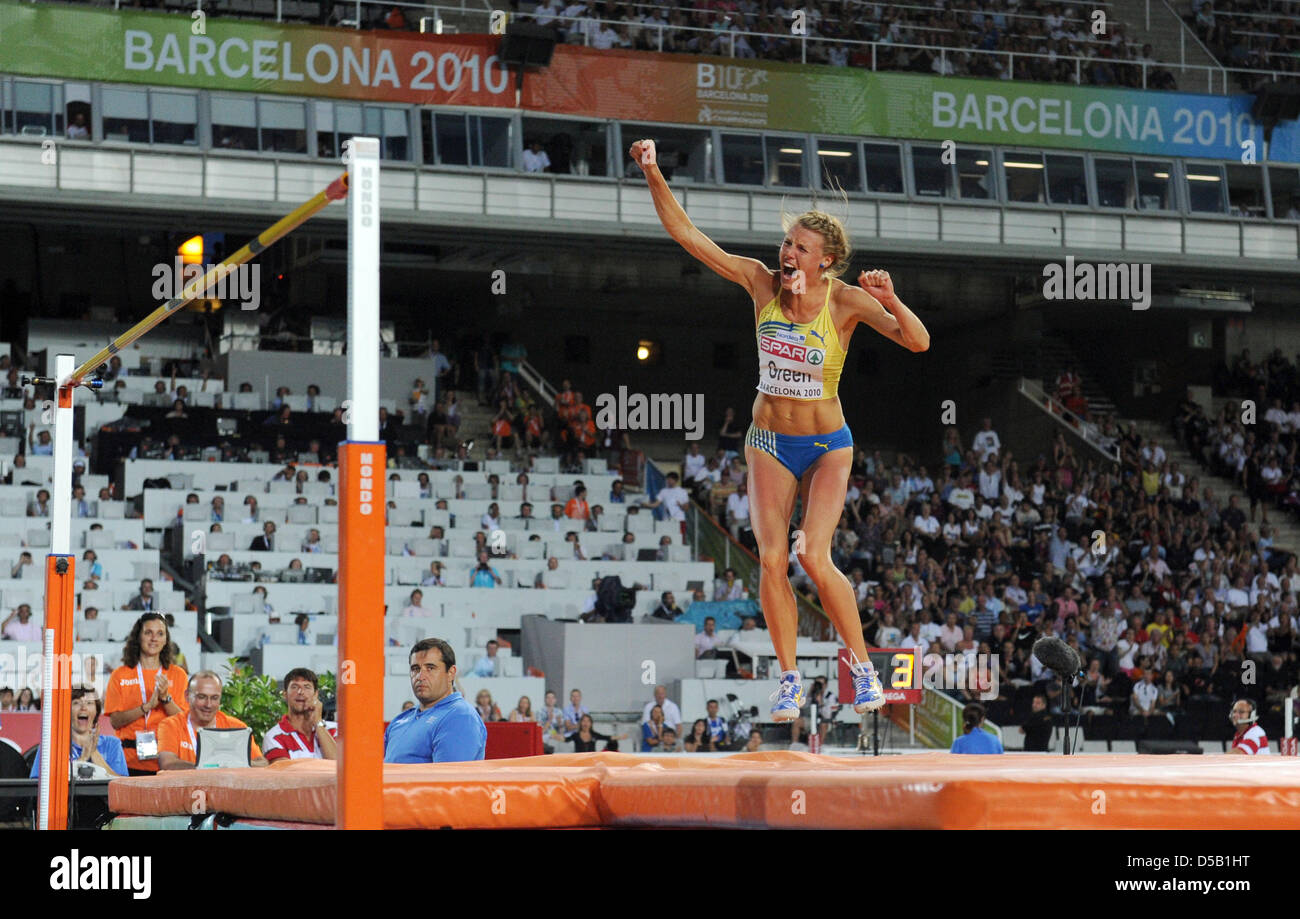 Swedish high jumper Emma Green leaps up in joy after winning the silver ...