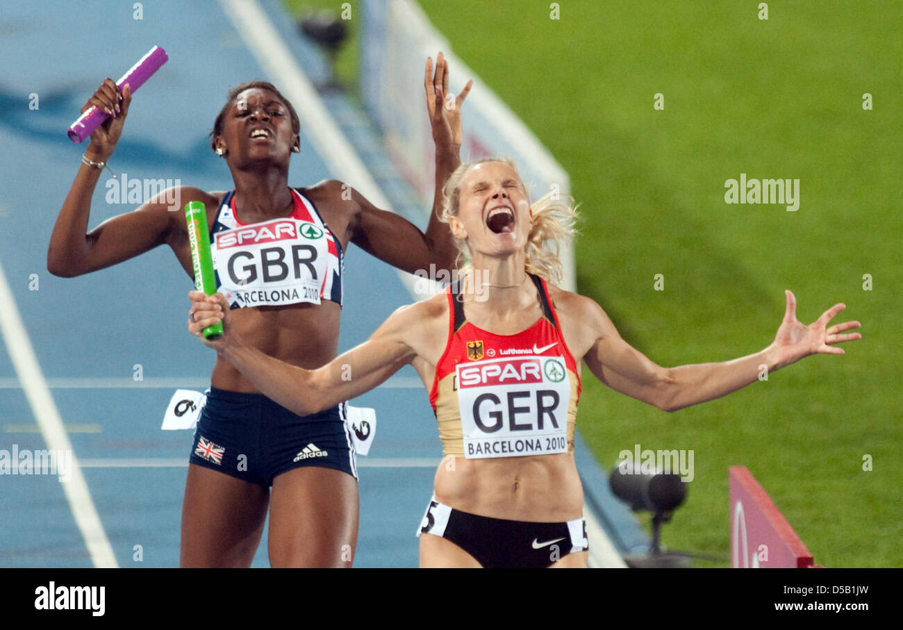 German relay runner Claudia Hoffman celebrates after the German team ...