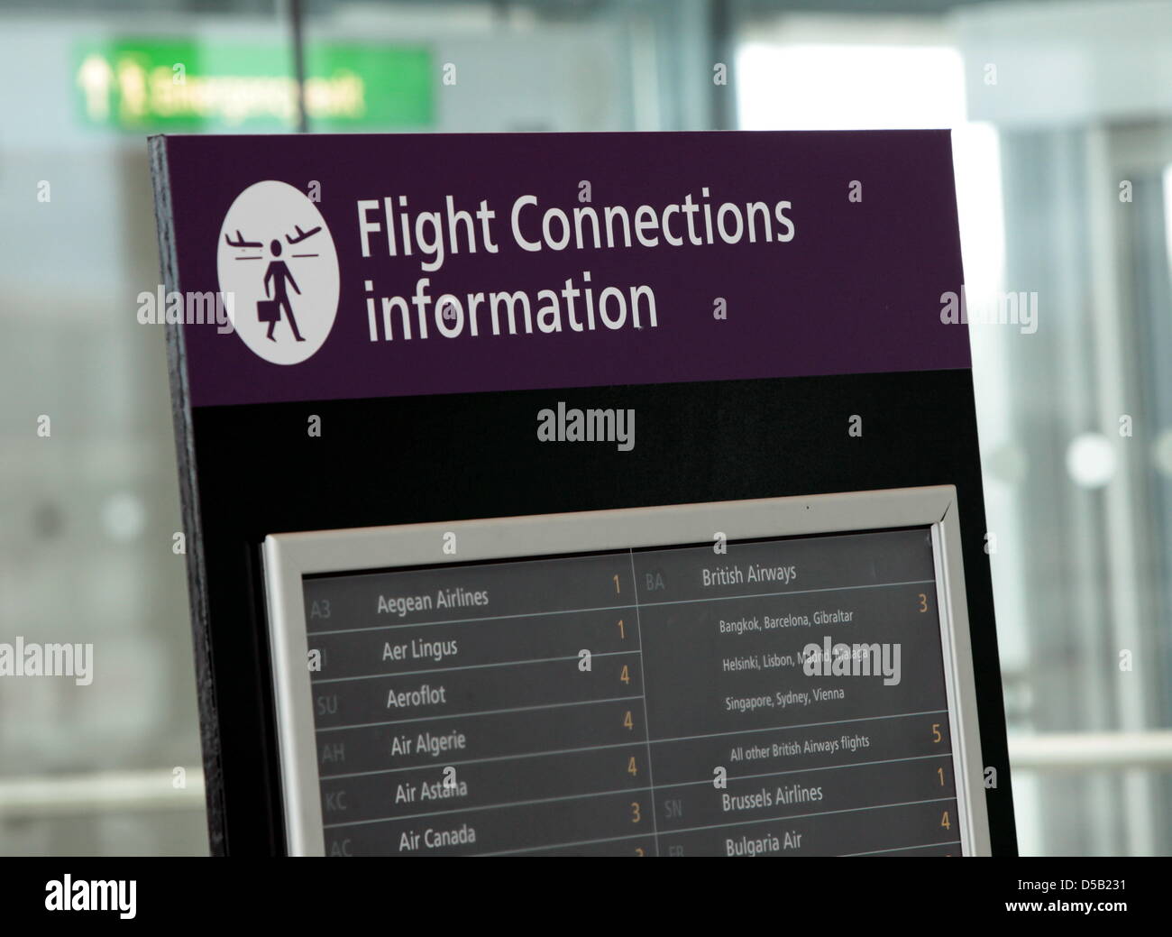 A sign shows the terminal numbers of different airlines at Heathrow ...