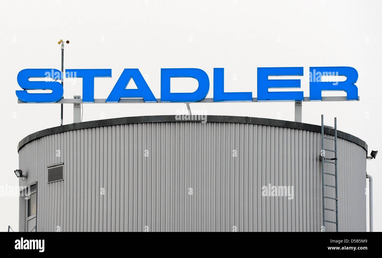 The logo of Swiss railcar manufacturer Stadler at the branch in Pankow ...