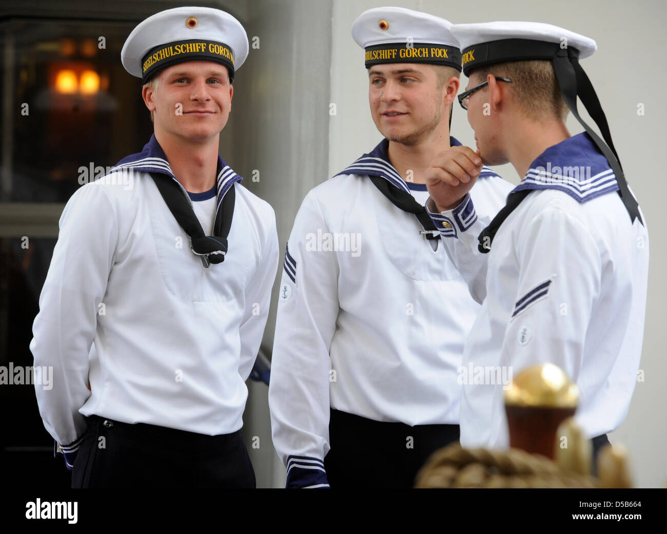 Marines stand on deck after the sailing training ship 'Gorch Fock' of ...