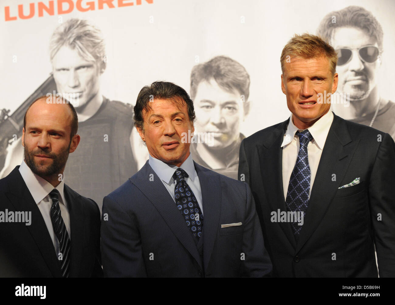 Cast members (L-R) Jason Statham, Sylvester Stallone and Dolph Lundgren ...
