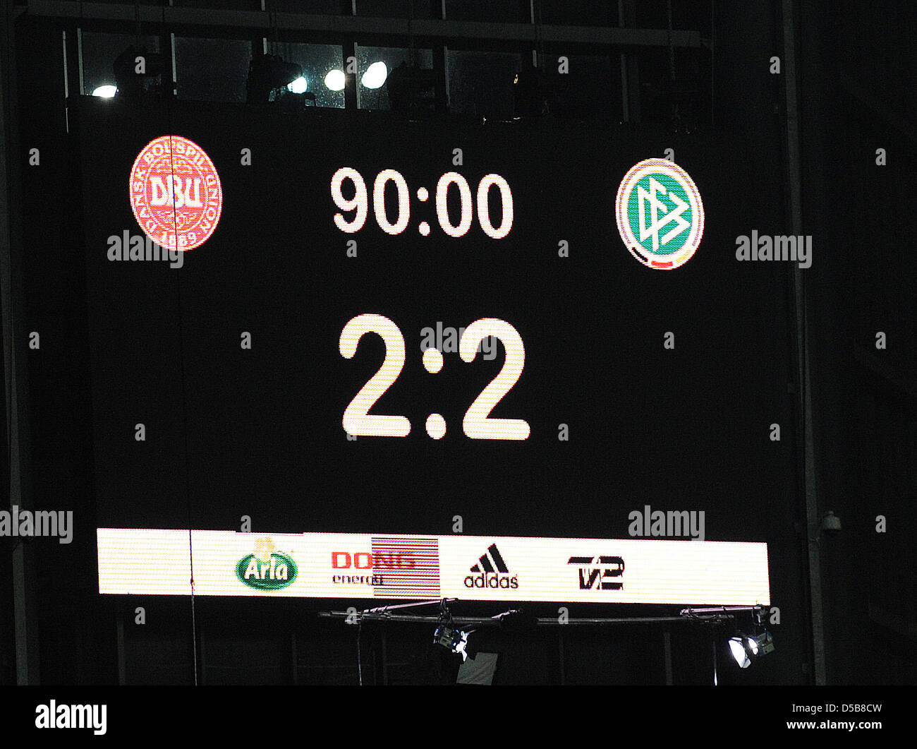 The final score is visualised on a scoreboard after the international soccer match Denmark ...