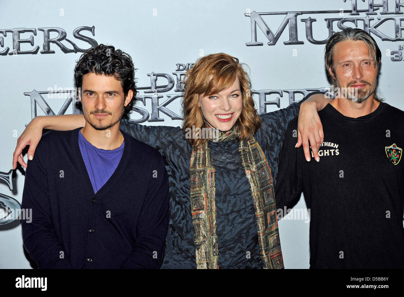 (L-R) Orlando Bloom, Milla Jovovich, Mads Mikkelsen arrive for a press ...