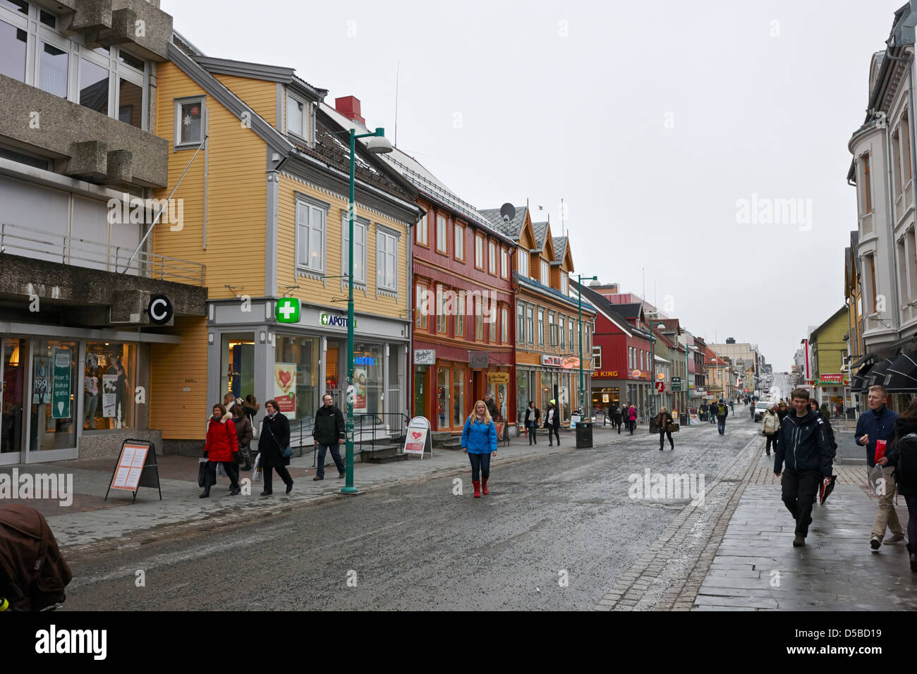 storgata main Tromso shopping street on a cold wet winter day troms ...