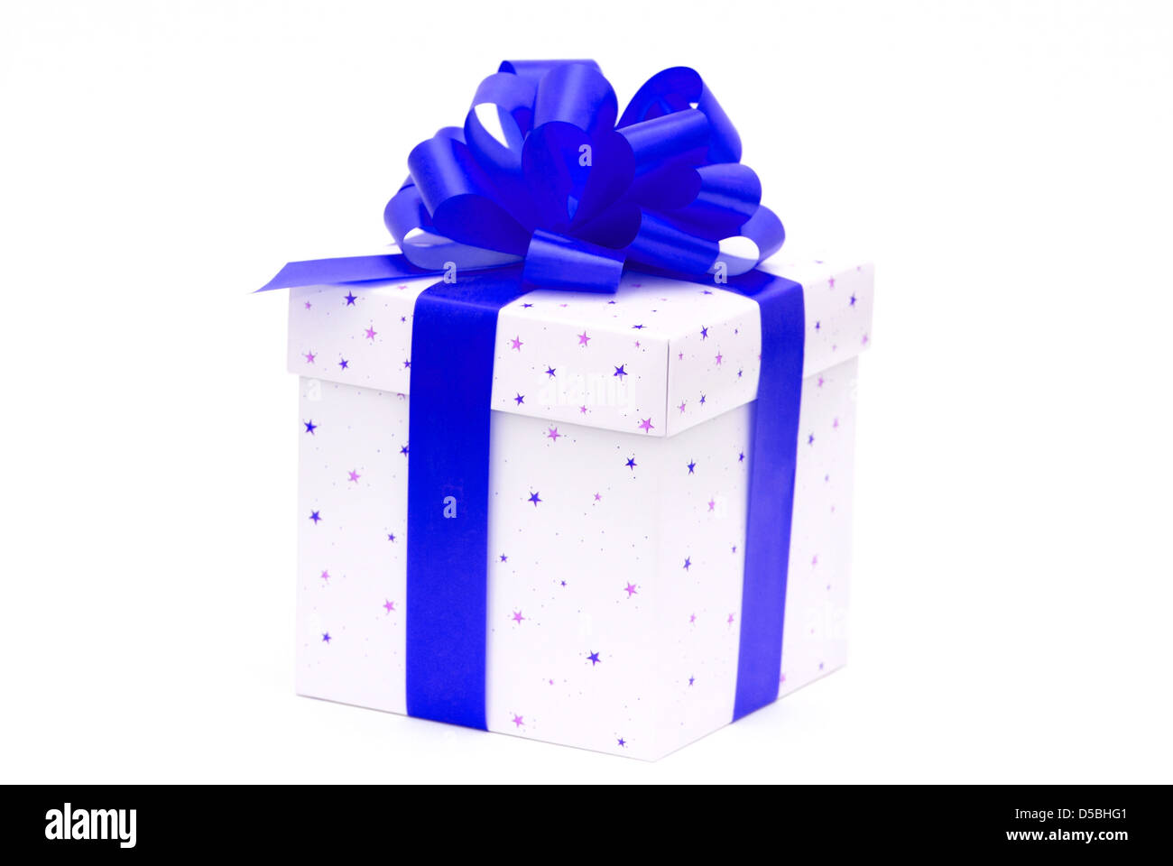 White gift box with blue ribbon isolated on white Stock Photo - Alamy