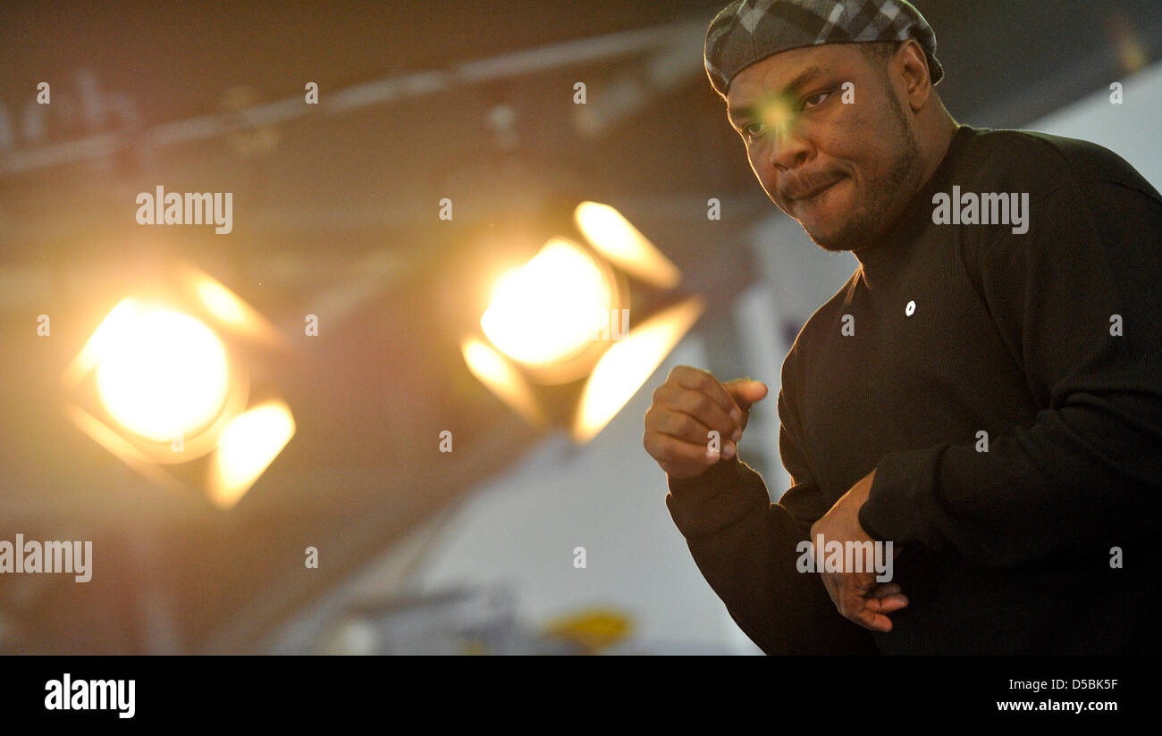 Samuel Peter from Nigeria stands in a boxing ring during a press ...