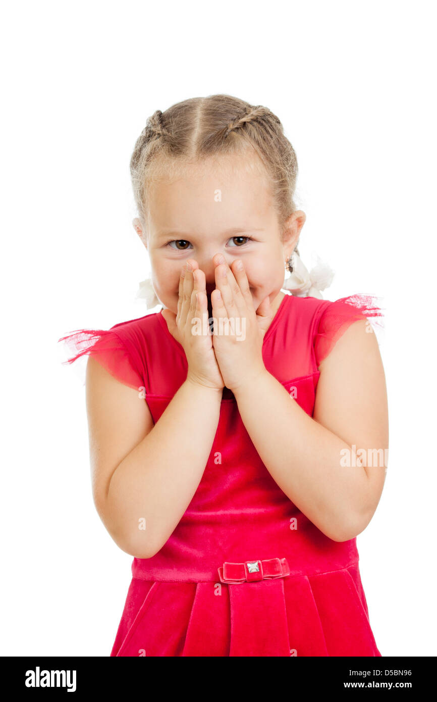 funny child girl with hands close to face isolated on white background ...