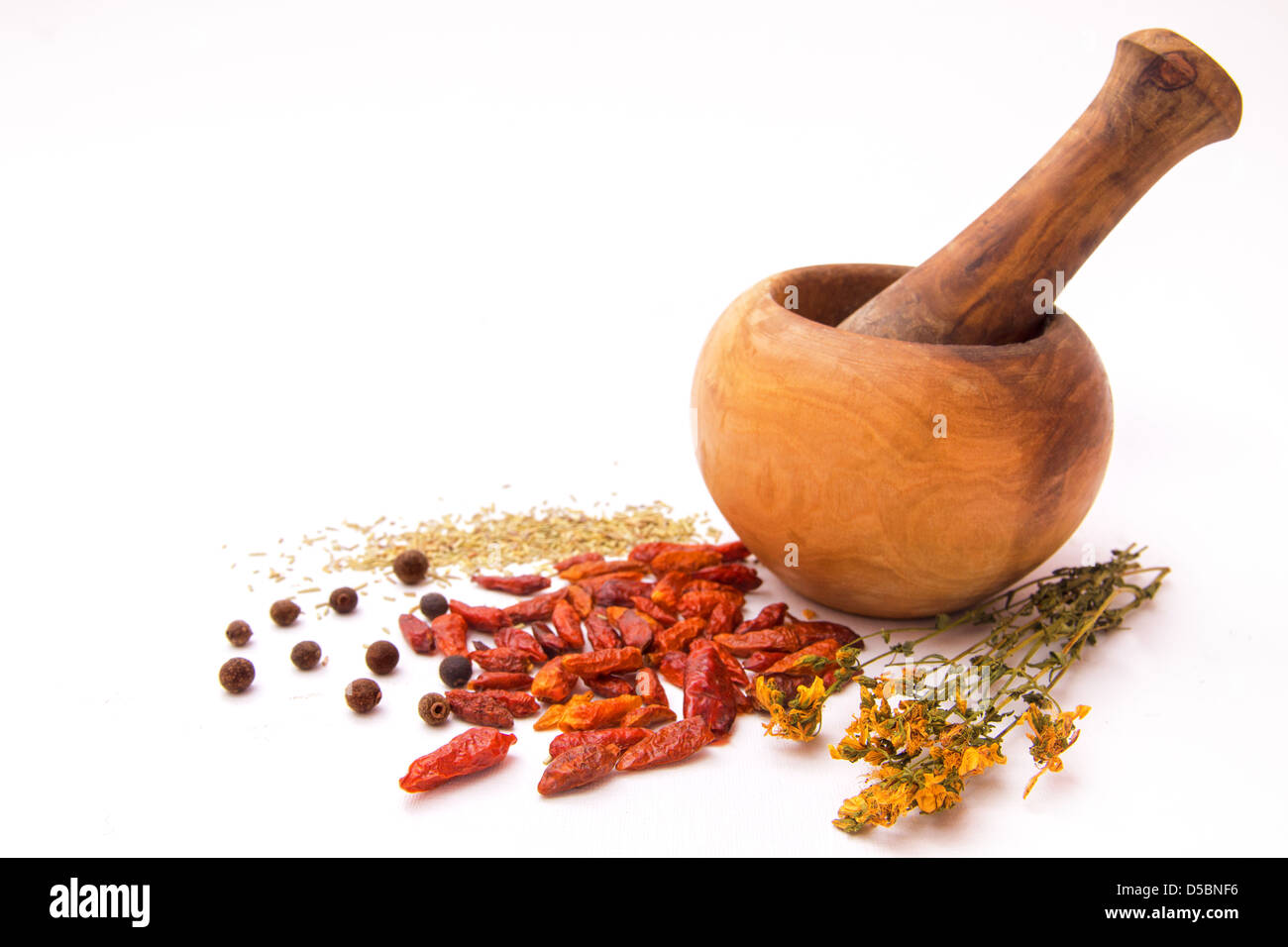 Hot spices with wooden mortar and pestle isolated on white background ...