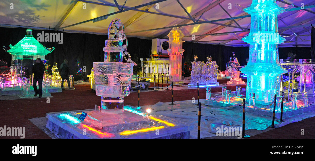 Ice buildings are illuminated at the Chinese exhibition 'Ice Art' in ...