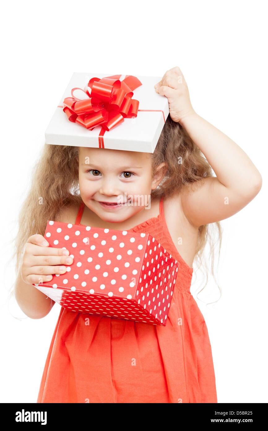 funny happy child girl opening gift box Stock Photo - Alamy