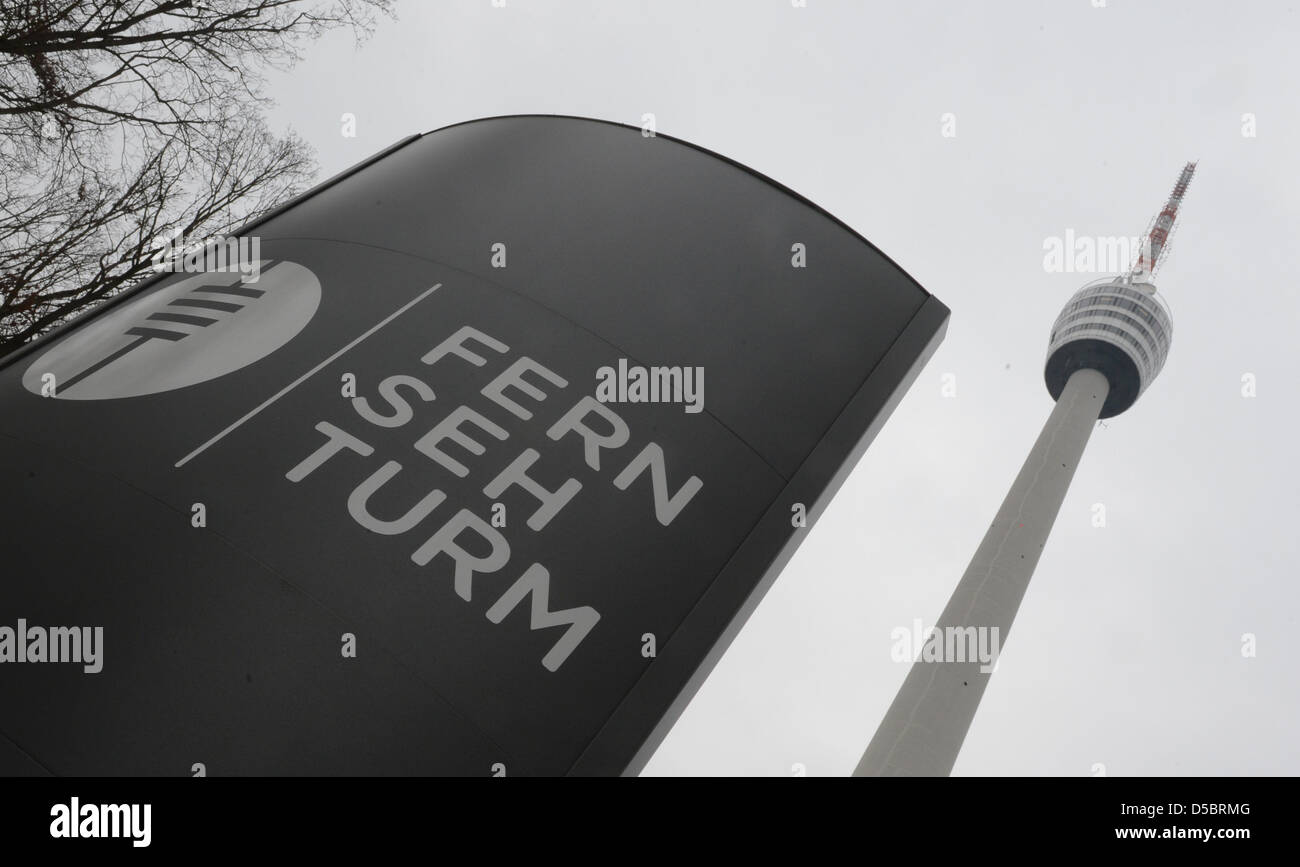 A sign reads Fernsehturm (Television Tower) in Stuttgart, Germany, 28 ...