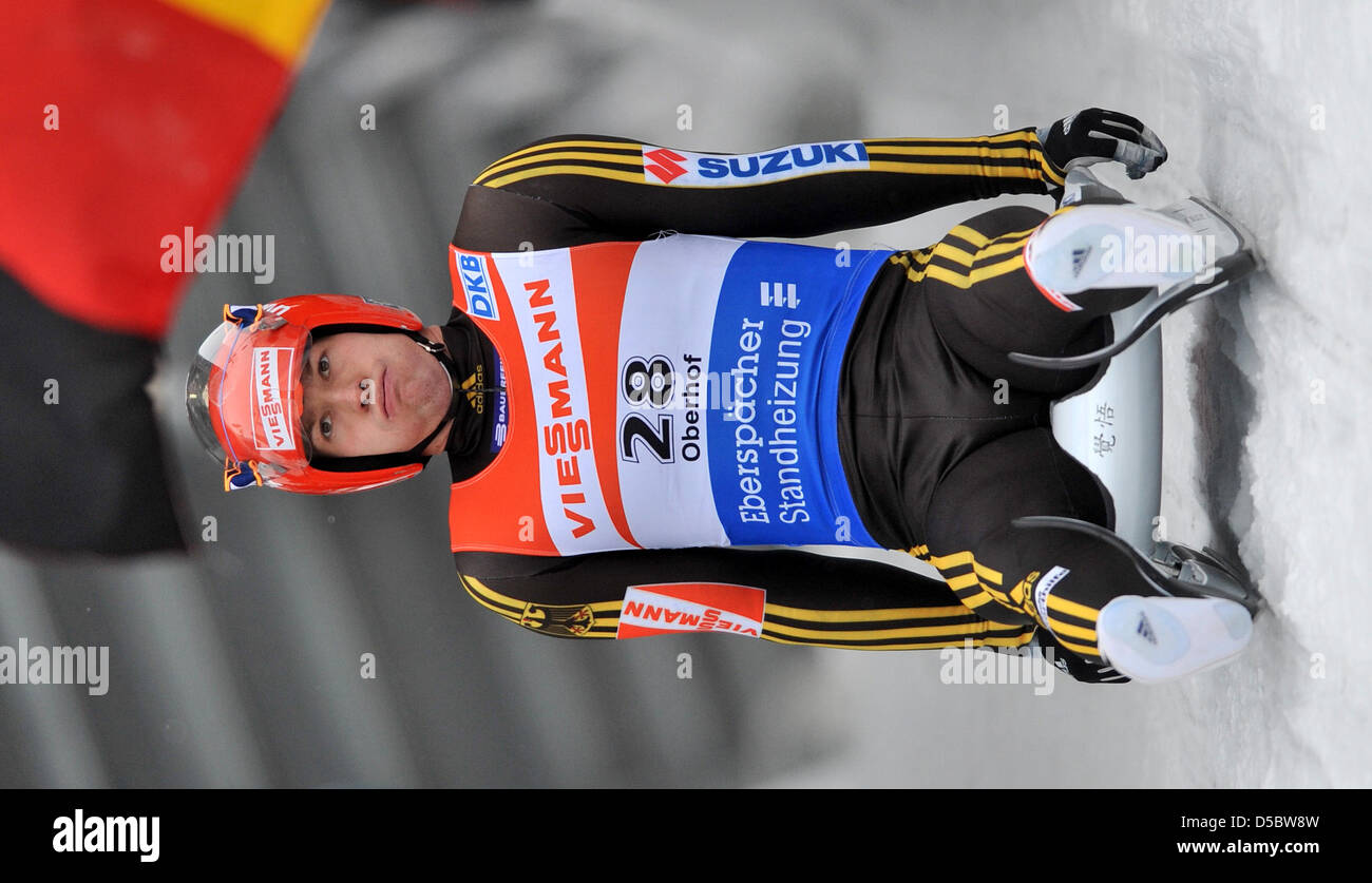 Fifth placed German David Moeller in the finish area during the luge ...