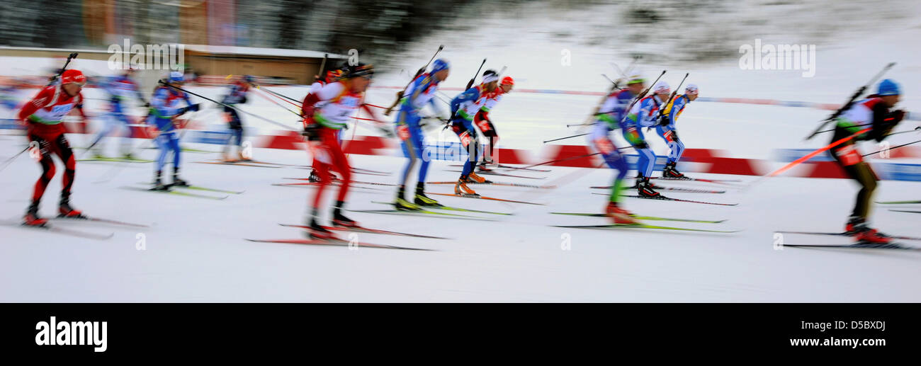 Unidentified athletes in action during the biathlon world cup event in ...
