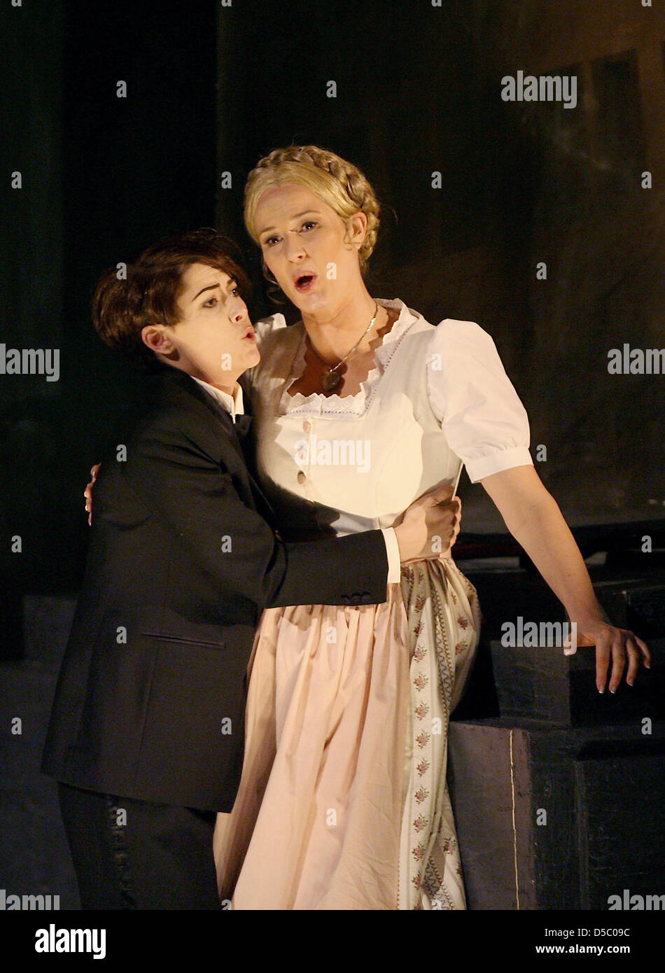 US mezzo-soprano Kate Aldrich as Adriano (L) and Finnish soprano ...