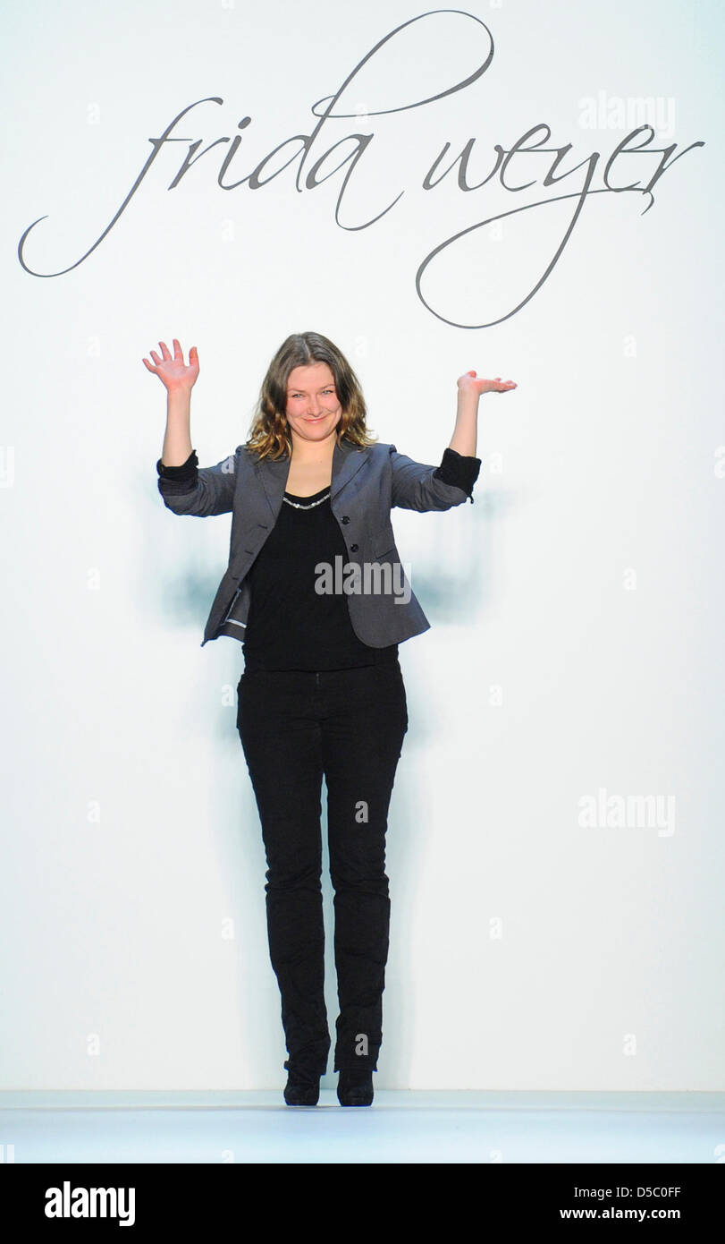 Designer Frida Weya poses after the show of her fashion label at the ...