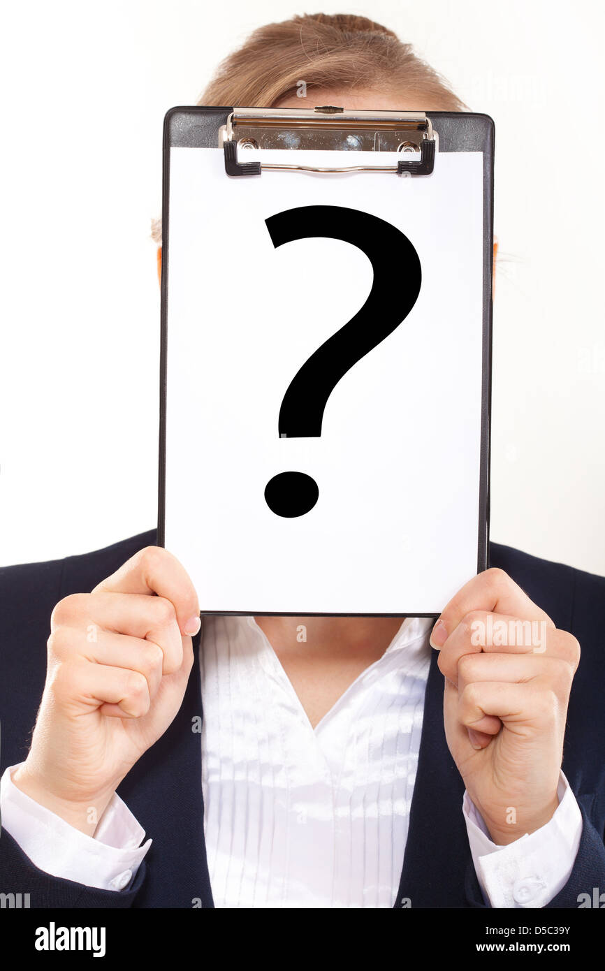 Business woman shows signs on white billboard. question mark Stock ...