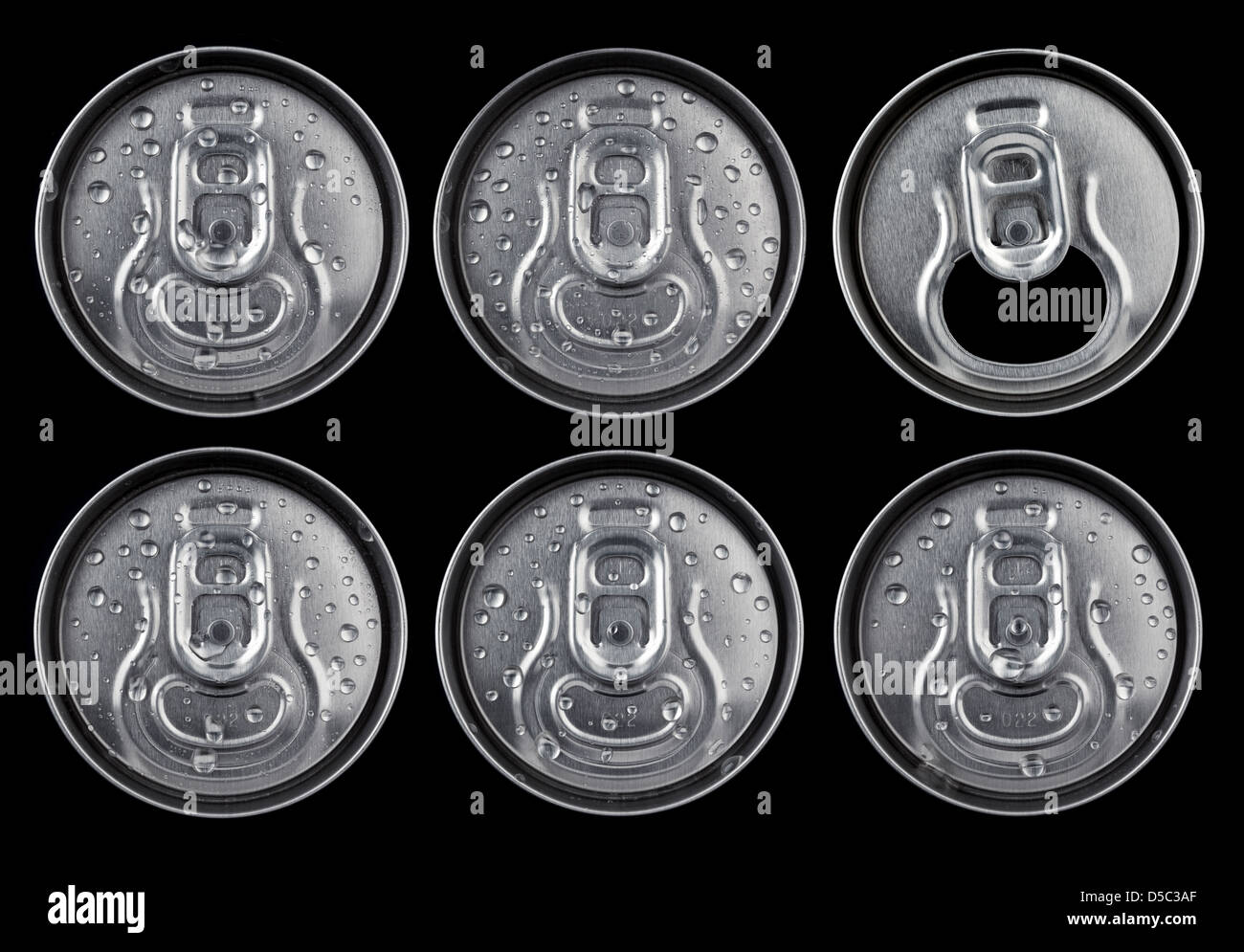 Six beer or soft drink cans from above, one emptied Stock Photo - Alamy