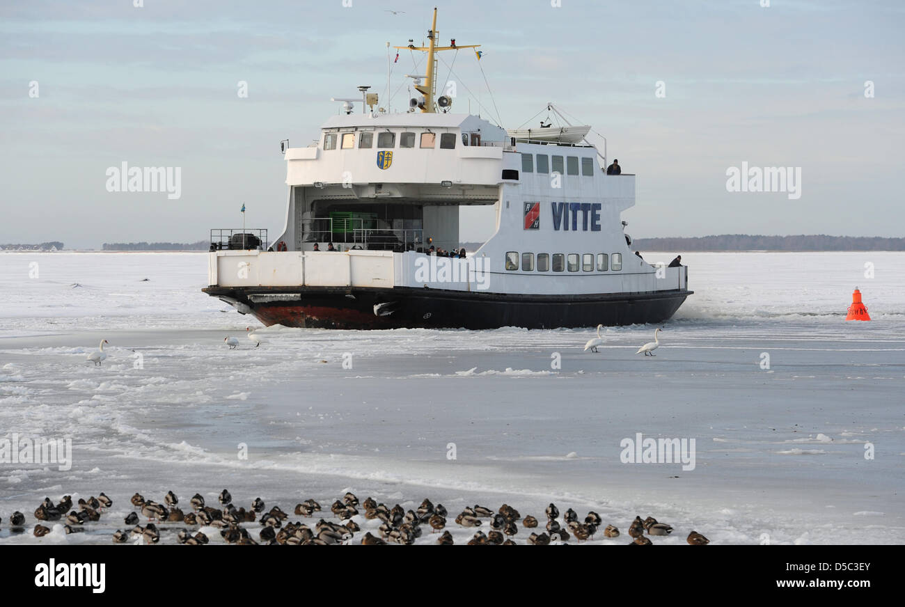 Ferry boat 'Vitte' arrives at ferry harbour Schaprode on Ruegen island ...