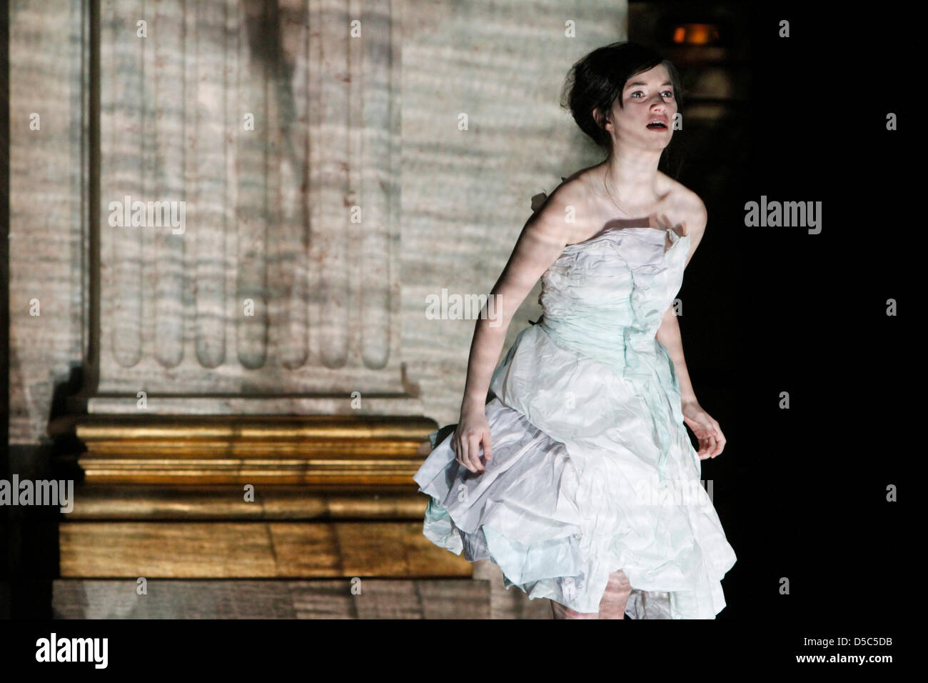 English soprano Anna Proshaka as Poppaea rehearses a scene of opera ...