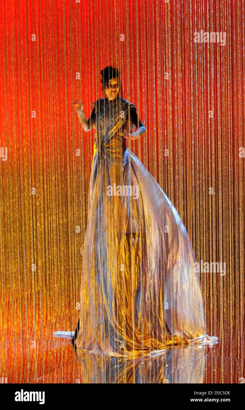 English soprano Anna Proshaka as Poppaea rehearses a scene of opera ...