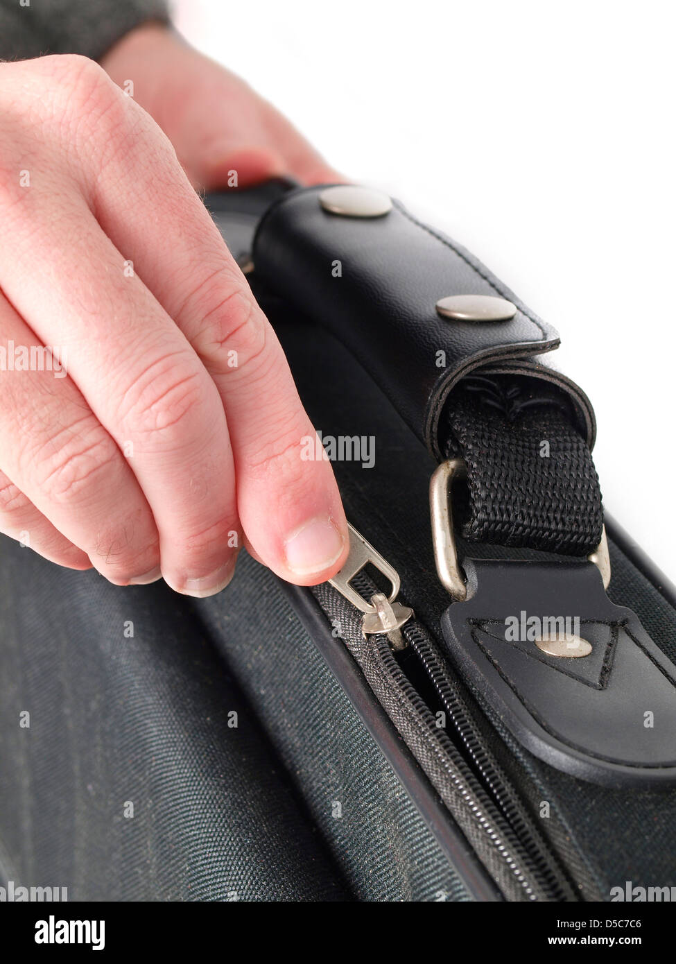 Hand opening a briefcase on white background Stock Photo - Alamy