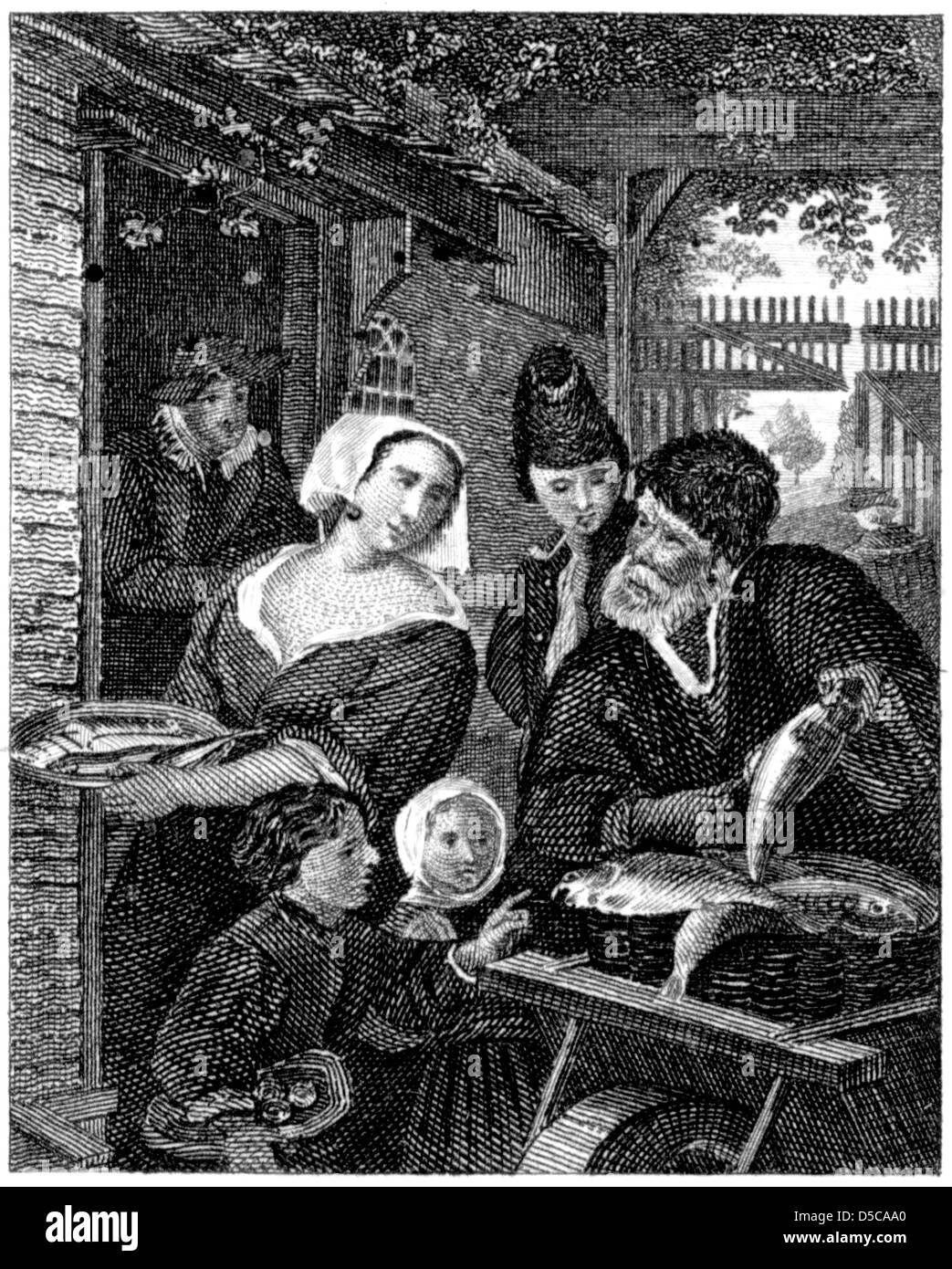 An engraving entitled " The Itinerant Fishmonger" scanned at high ...