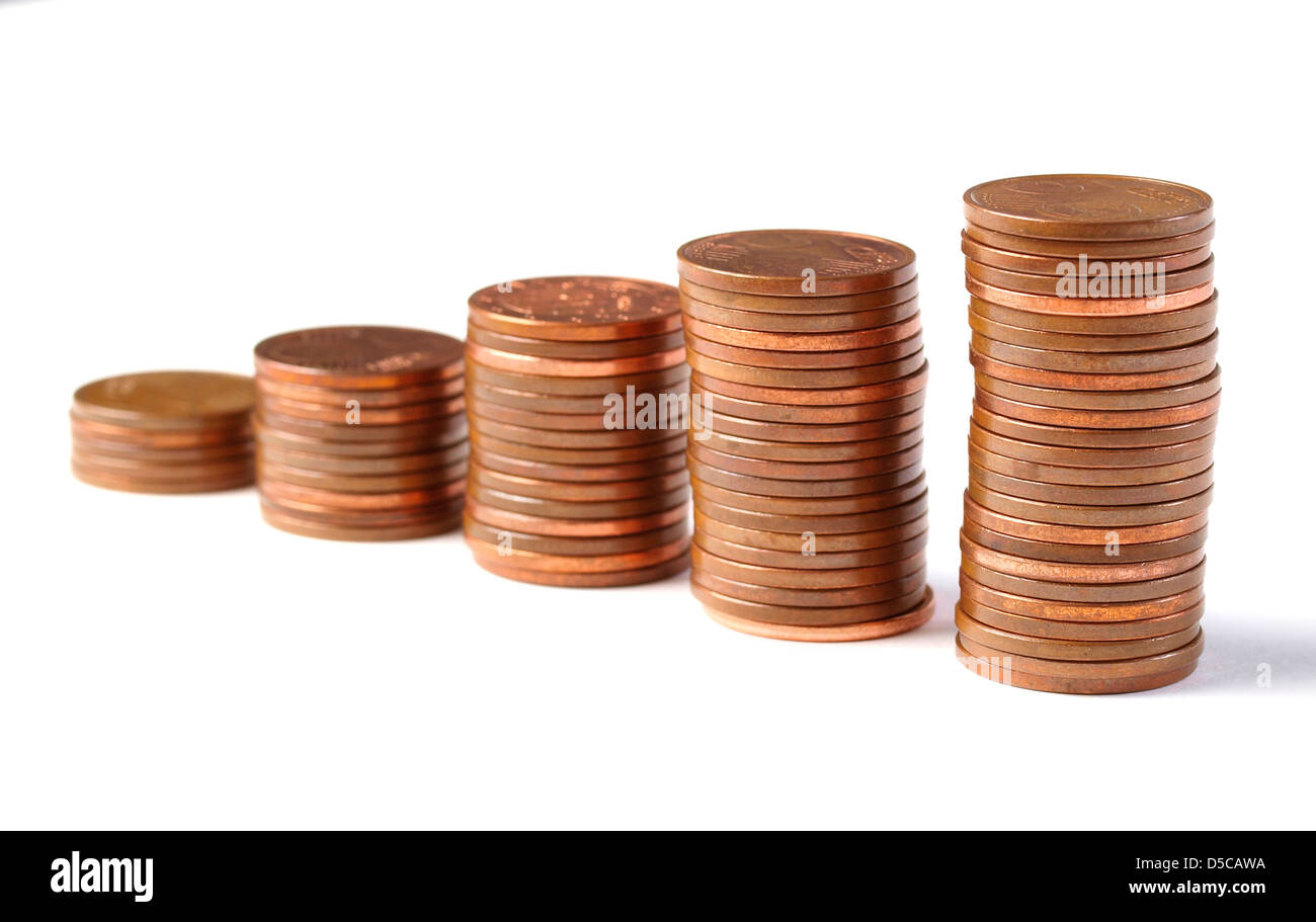 Five stacks of coins 5-cent increase in height and isolated on white ...
