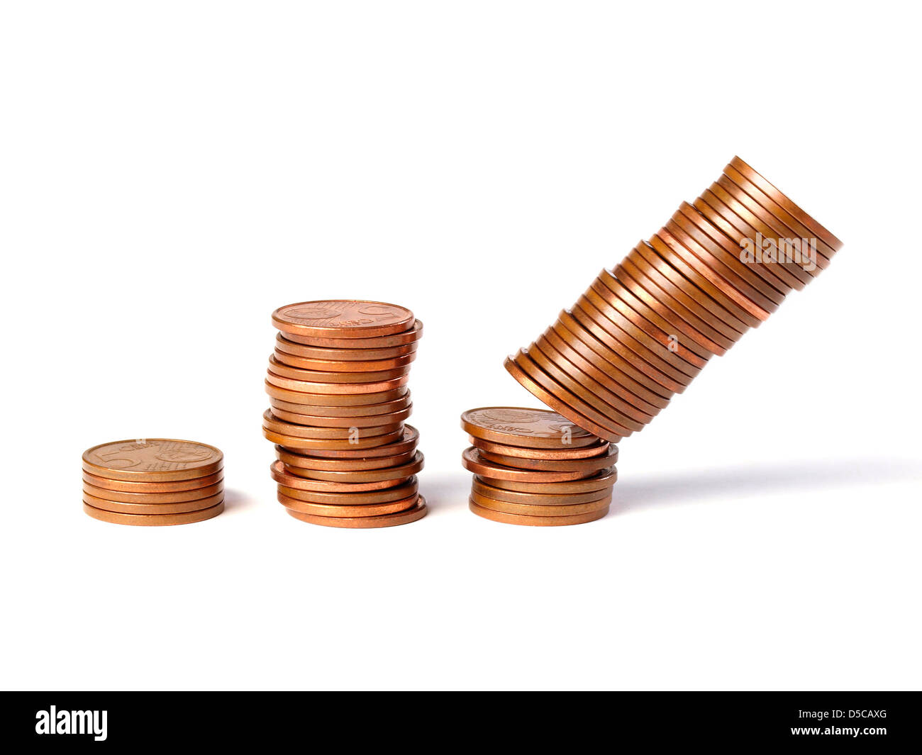 Three stacks of coins 5-cent increase in height and isolated on white ...