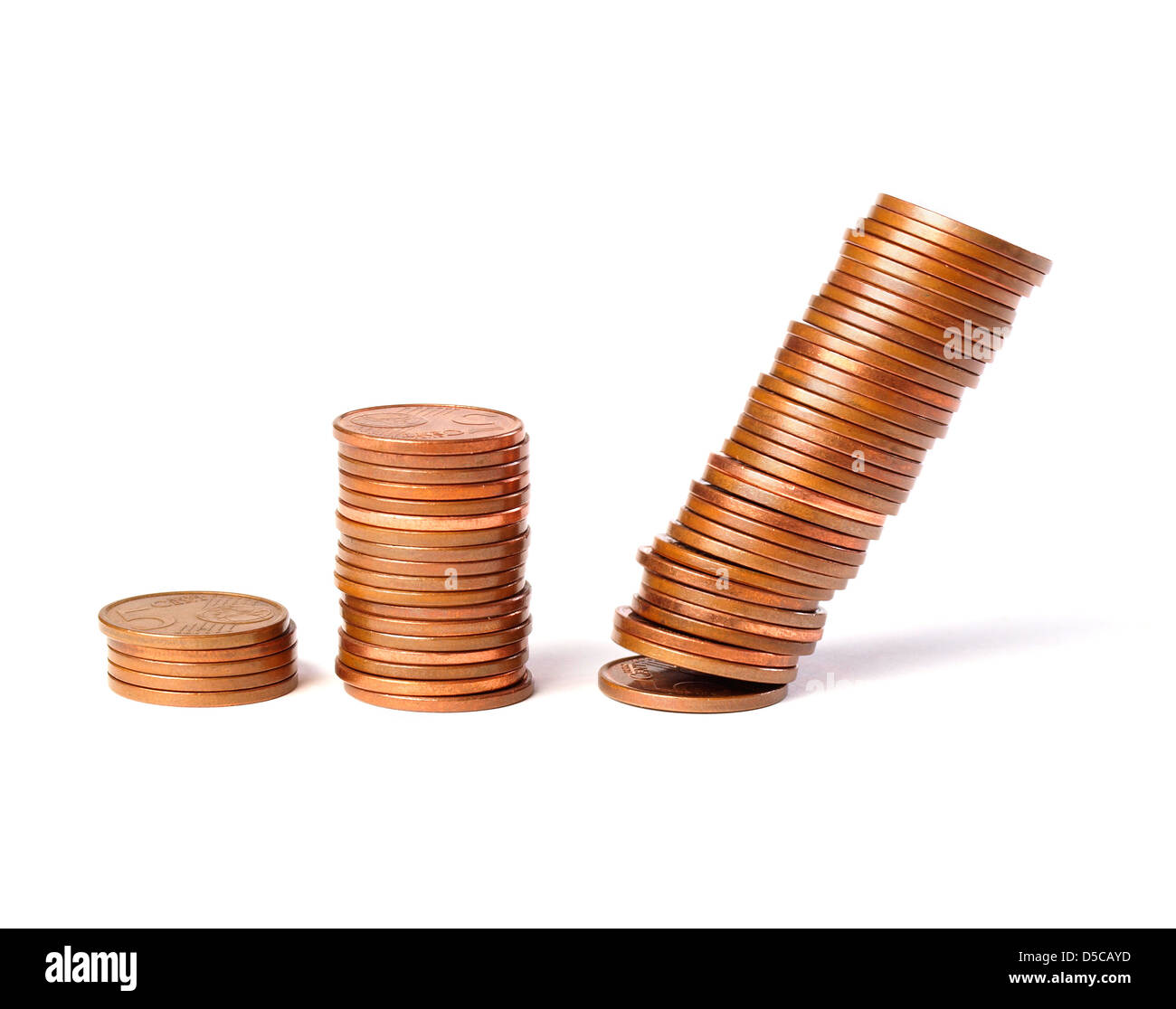 Three stacks of coins 5-cent increase in height and isolated on white ...