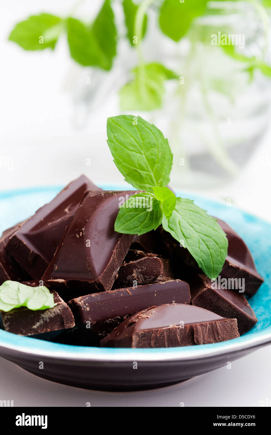 Blocks of dark chocolate with mint leaves Stock Photo - Alamy