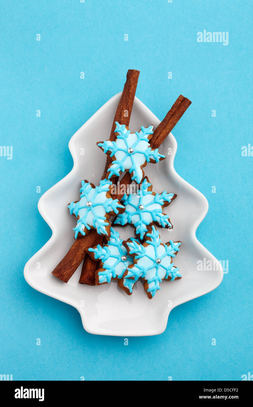 Gingerbread cookies decorated with light blue and white Stock Photo - Alamy
