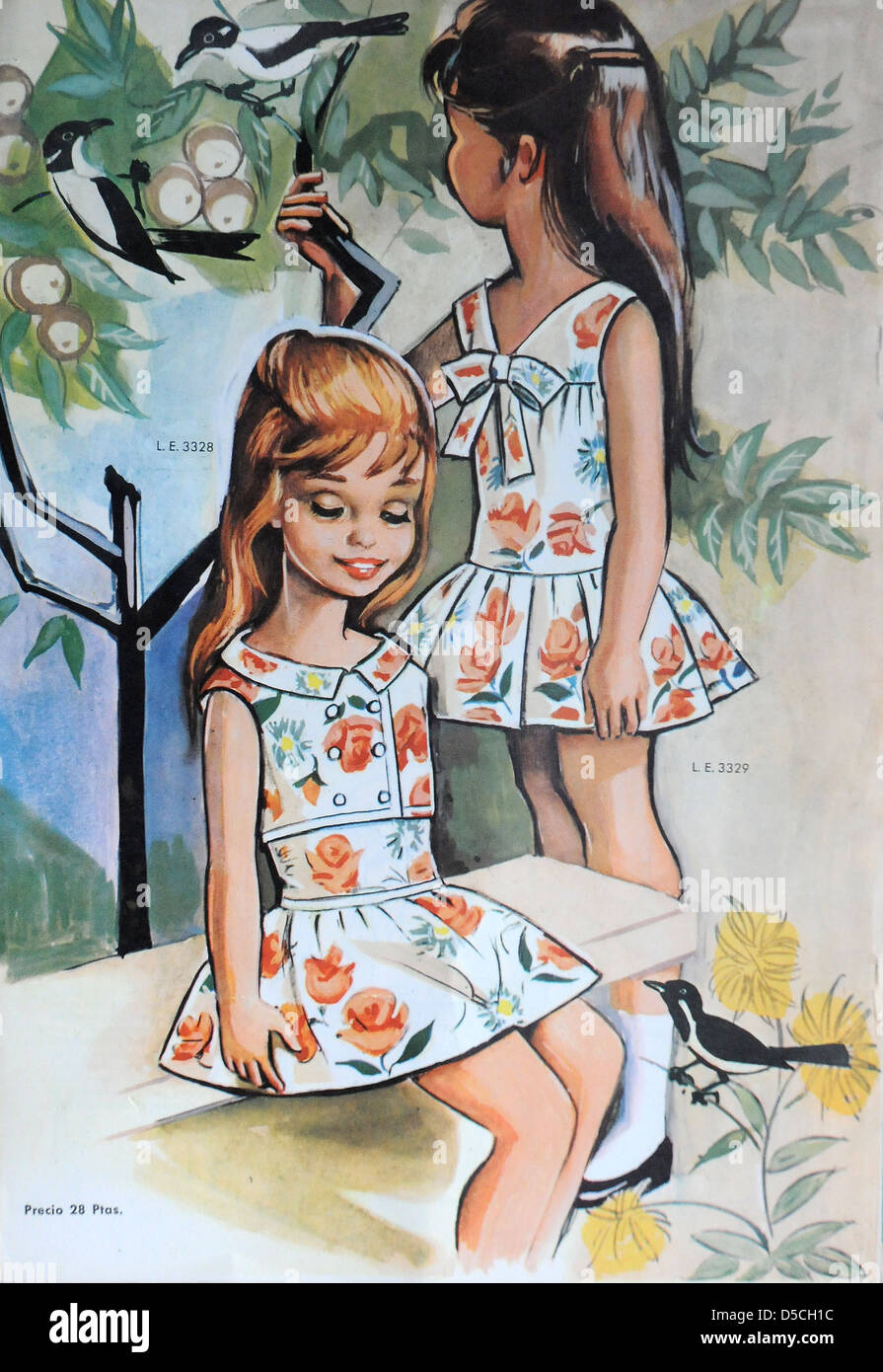 illustration drawing of two girls in dresses. Sixties 60s Stock Photo ...
