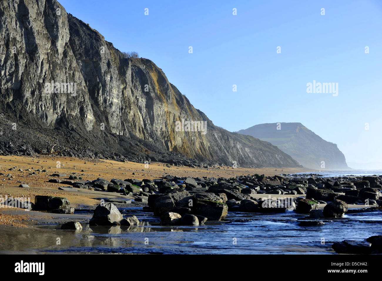 Landslide, unstable cliffs and Golden Cap at Charmouth in Dorset ...