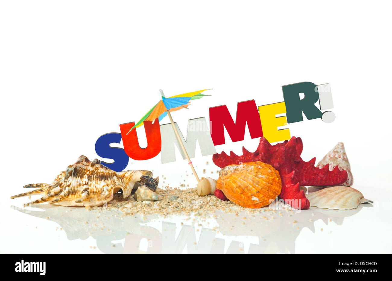 Summer background with shells on sand against white background Stock ...