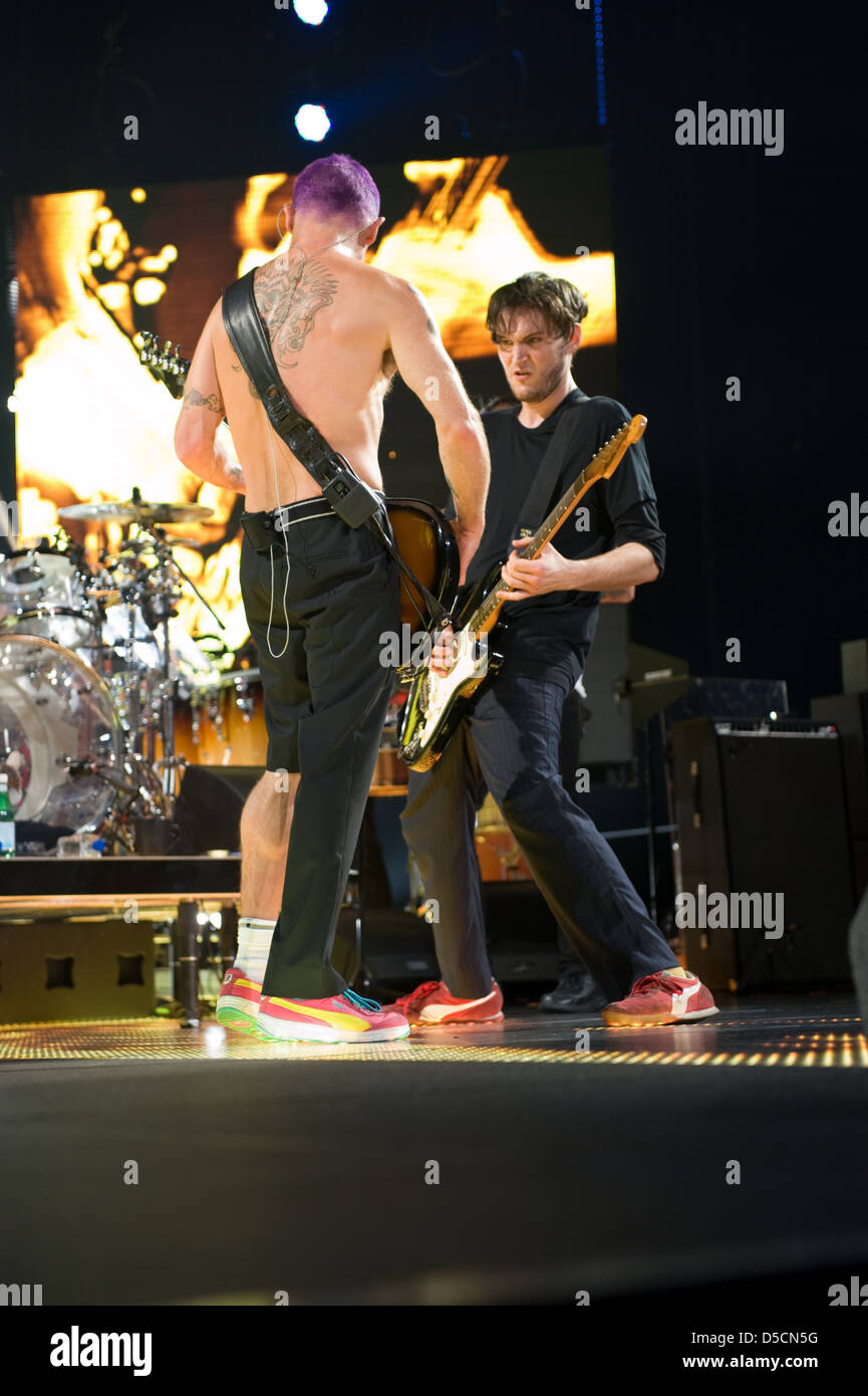Flea (Michael Balzary) and Josh Klinghoffer, of Red Hot Chili Peppers performing live at a ...