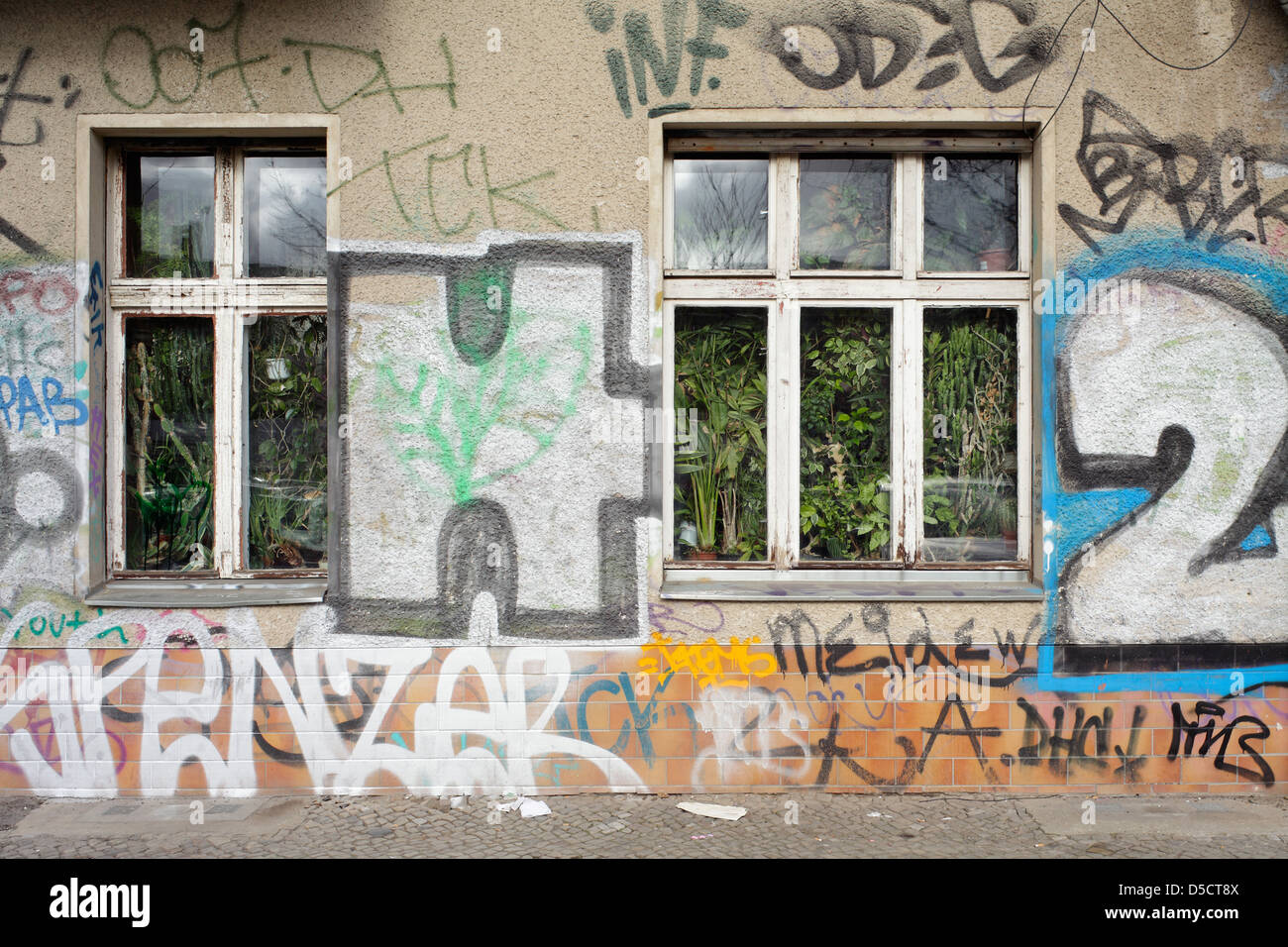 Berlin, Germany, overgrown with houseplants window of an old building ...
