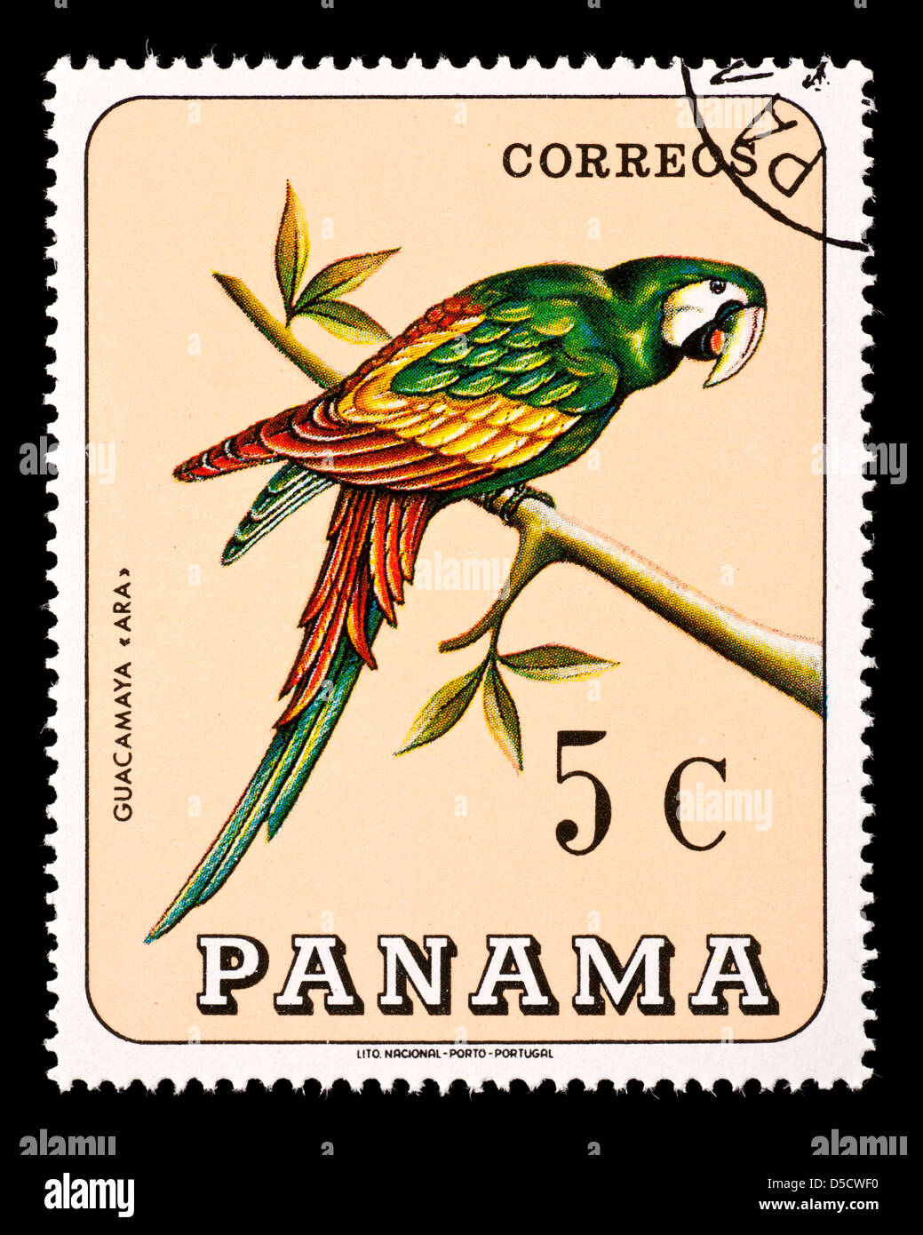 Postage stamp from Panama depicting a tropical macaw (Guacamaya ara ...