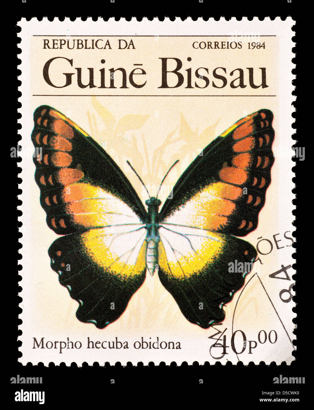 Postage stamp from Guinea-Bissua depicting a tropical Sunset Morpho ...