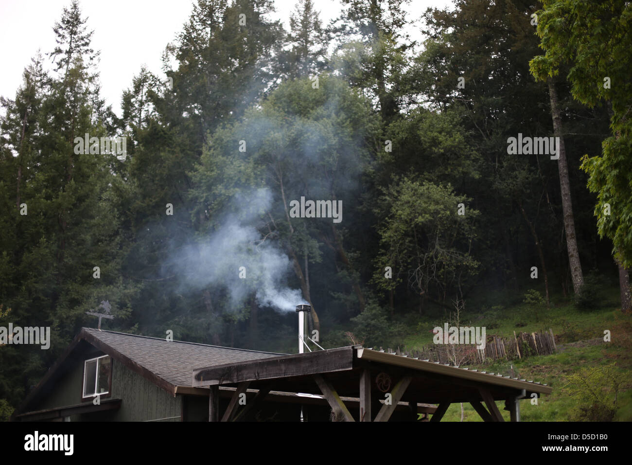 Smoke coming out of a chimney on a cabin in the woods Stock Photo - Alamy