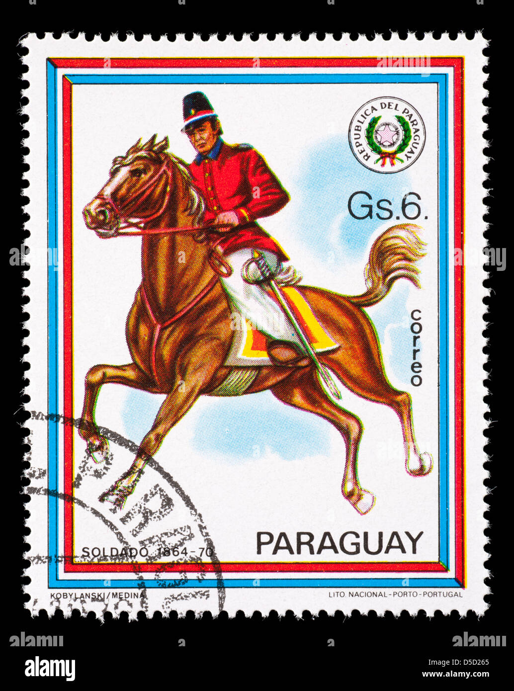 Postage stamp from Paraguay depicting a horse riding soldier, 1864 ...