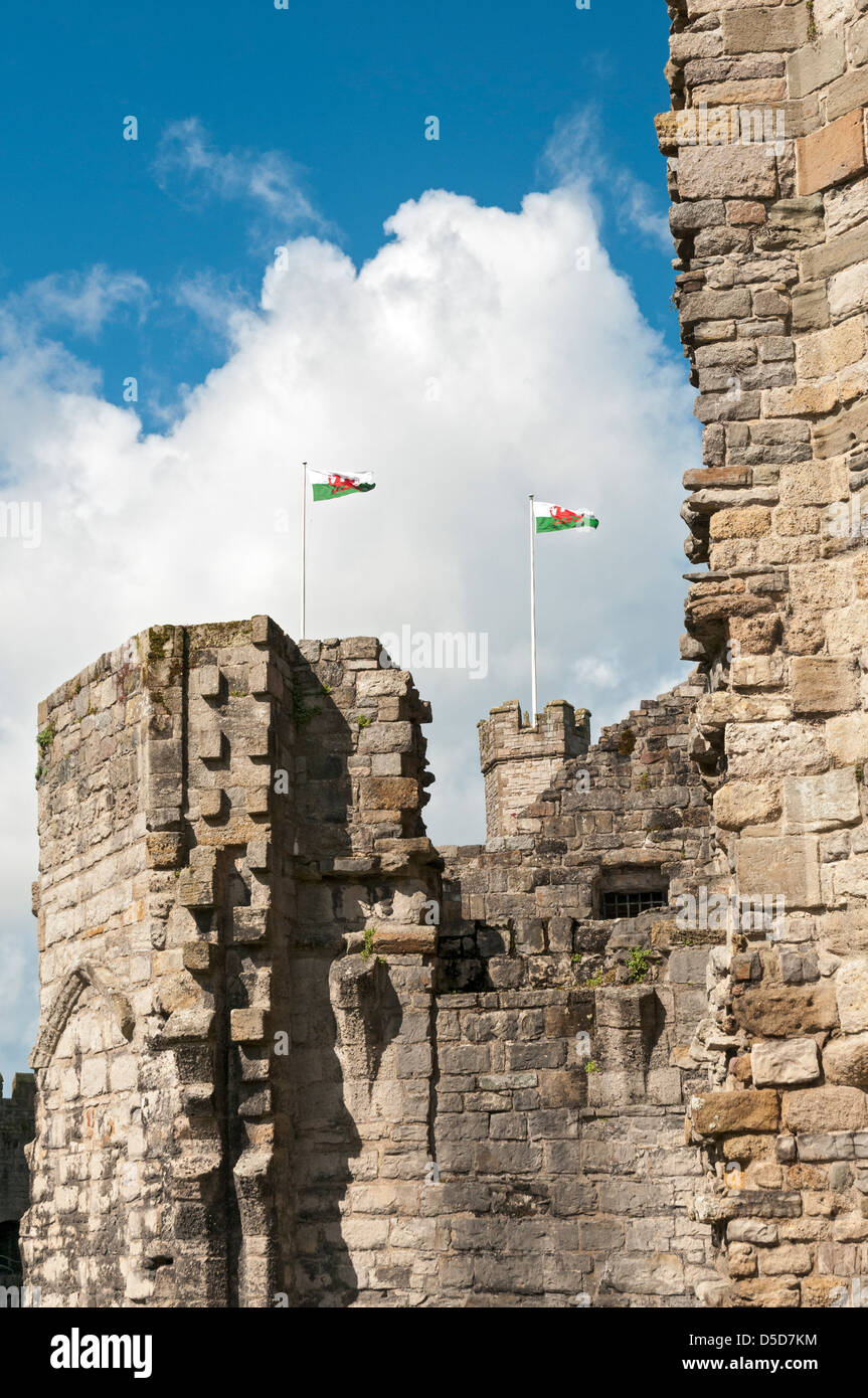 Wales, County Gwynedd, Caernarfon Castle, Welsh flags atop Eagle Tower ...