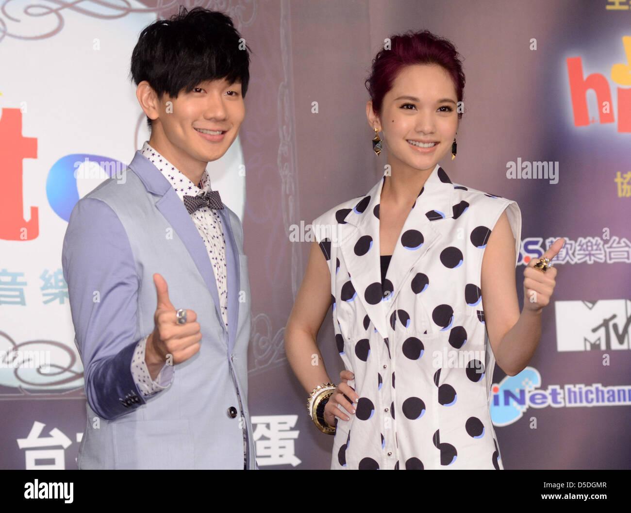 JJ Lam and Rainie Yang attended press conference of 2013 Hito Pop Music ...