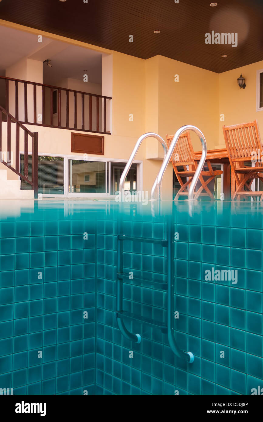 Swimming pool view from both above and under water simultaneously near ...