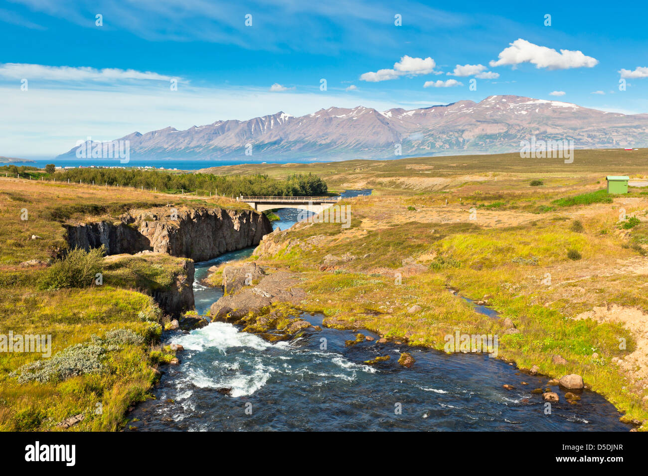 Summer Iceland Landscape with River, Mountains and Bright Blue Sky ...