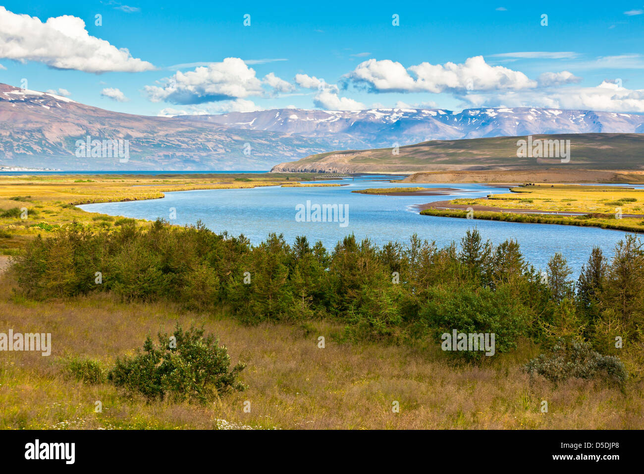 Summer Iceland Landscape with River, Mountains and Bright Blue Sky ...