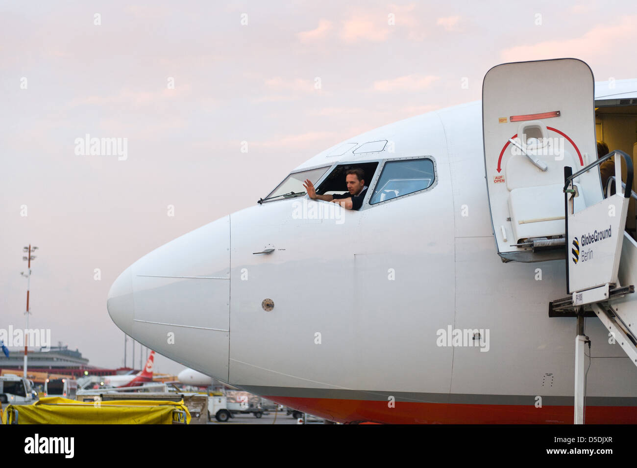 Berlin, Germany, the pilot of an airplane looking out the window at ...