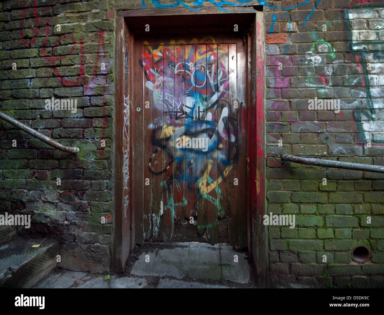 A graffiti daubed door in a Brighton alleyway Stock Photo - Alamy