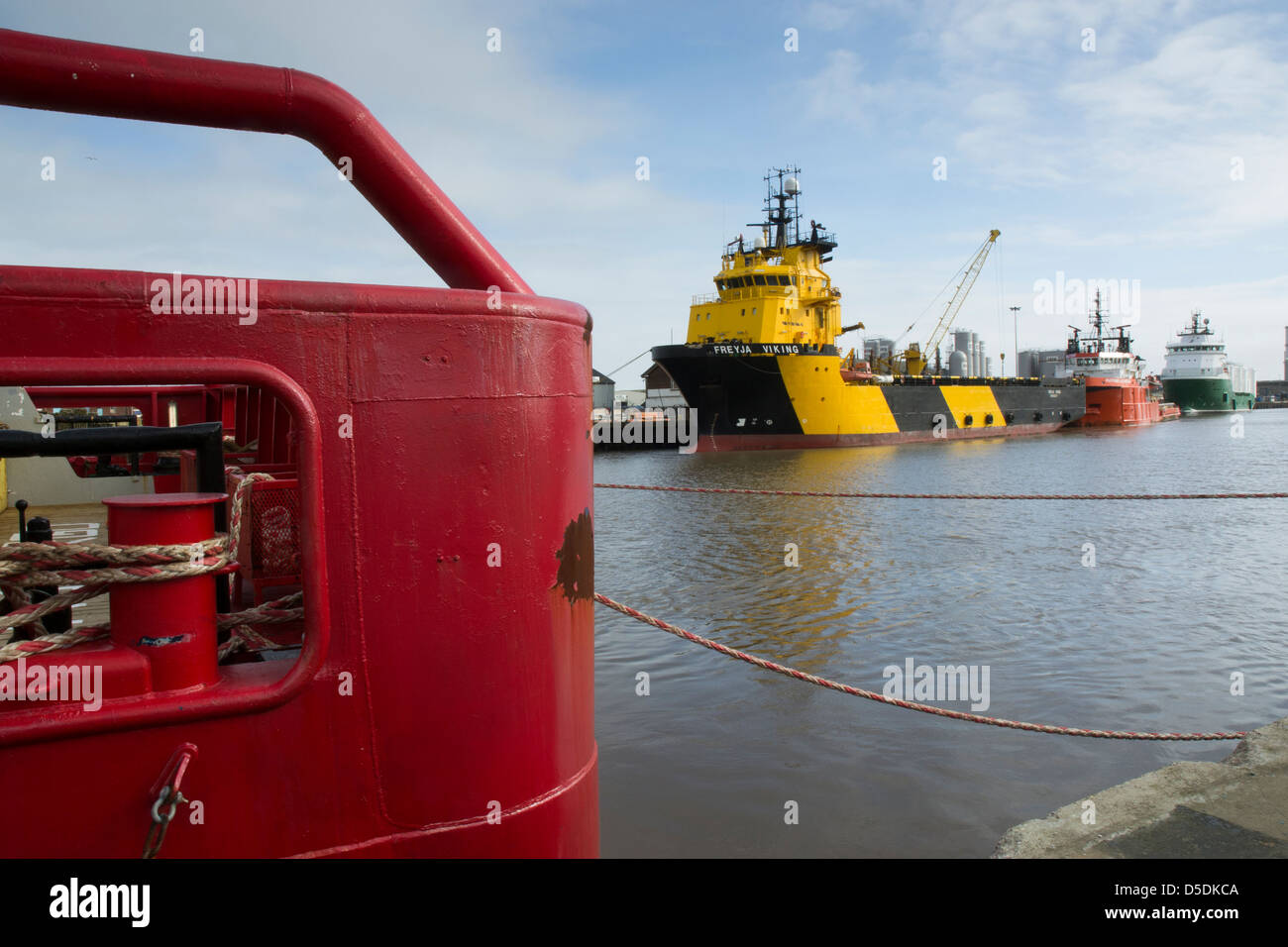 Oil supply ship Freyja mored in River Yare at Great Yarmouth harbour ...