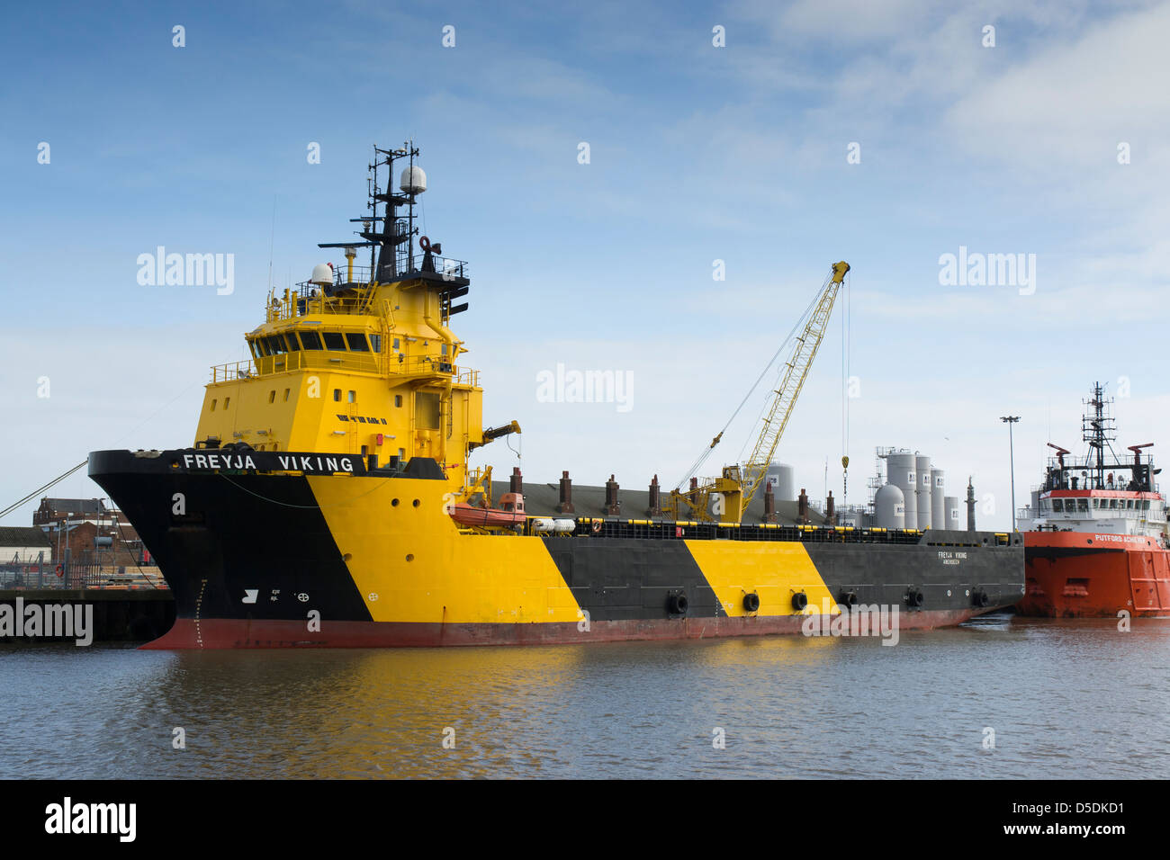 Oil supply ship Freyja mored in River Yare at Great Yarmouth harbour ...